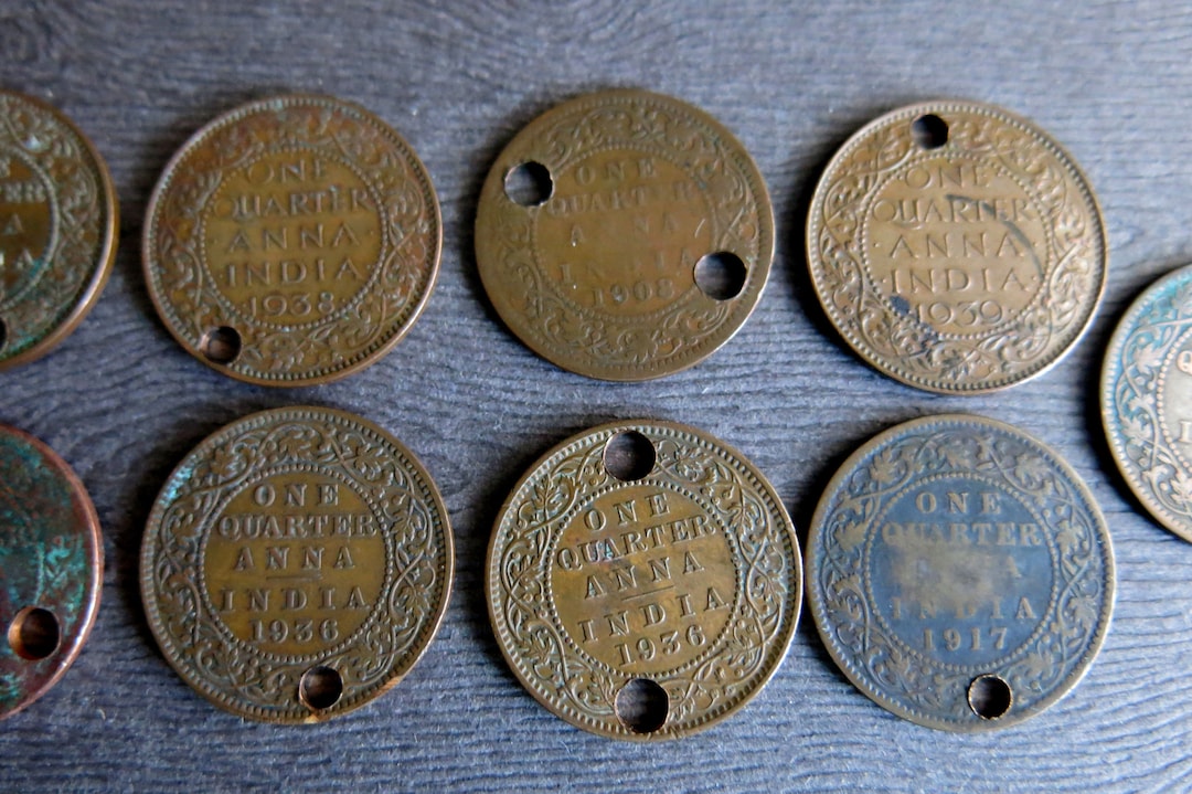 Vintage India One Quarter Anna Coins and Paisa Coins With Holes for ...