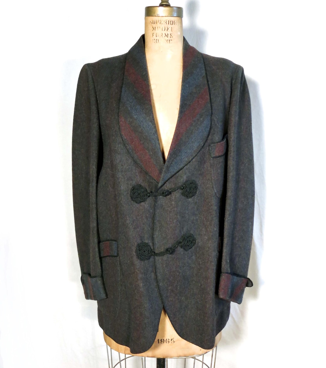 Vintage Men's Wool Shawl Collar Smoking Jacket, Gray Shadow Stripe ...