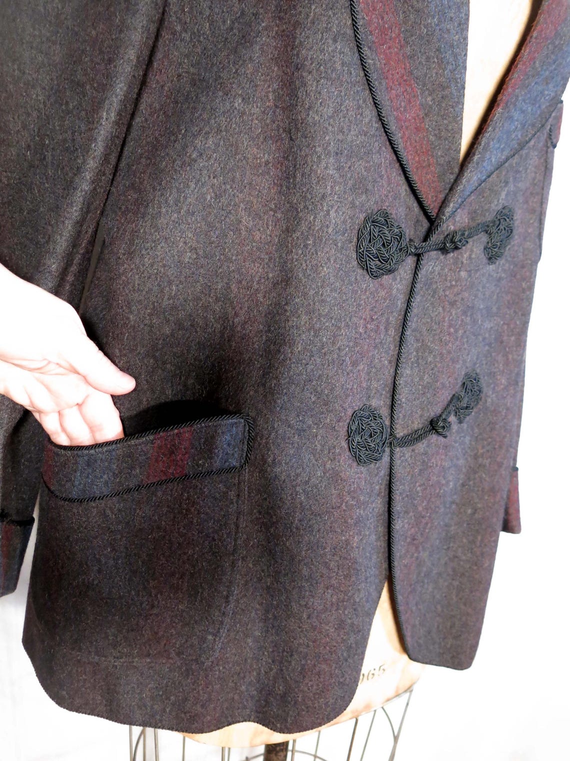 Vintage Men's Wool Shawl Collar Smoking Jacket, Gray Shadow Stripe ...