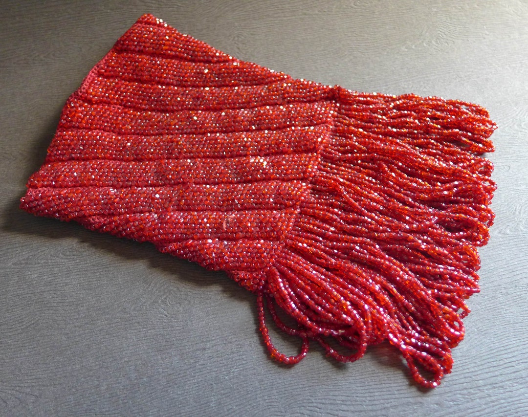 Vintage Textured Small Blood Red Glass Beaded Bag With Fringe, 7 X 4 ...