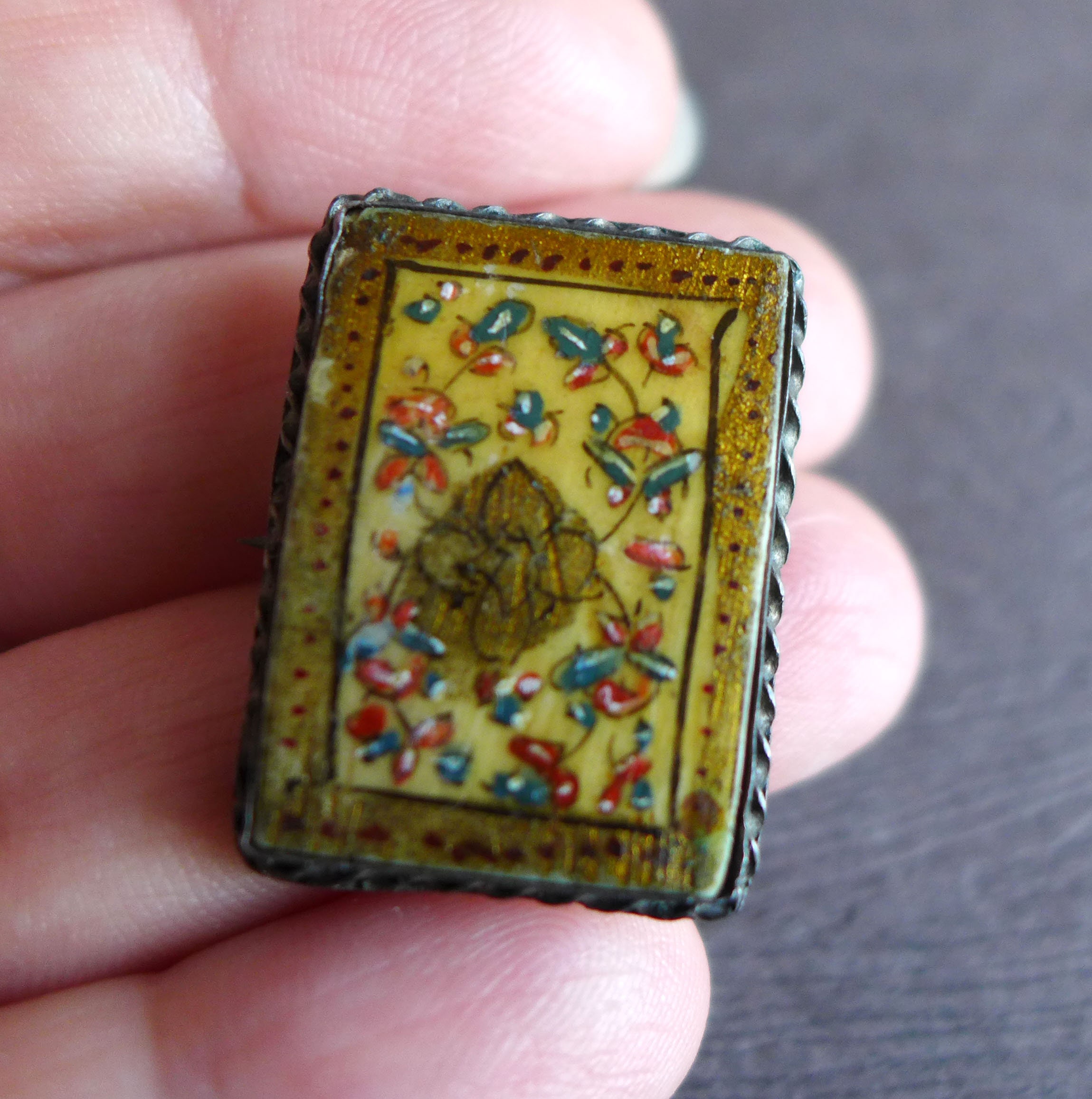 Vintage Hand Painted Pin, Yellow Gold Red Green Painted Floral ...