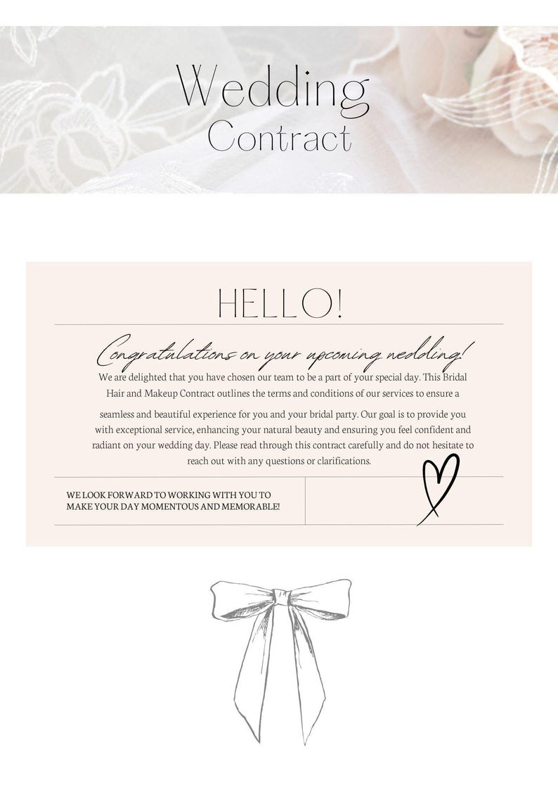 Bridal Hair and Makeup Service Agreement for Brides, Wedding Contract ...