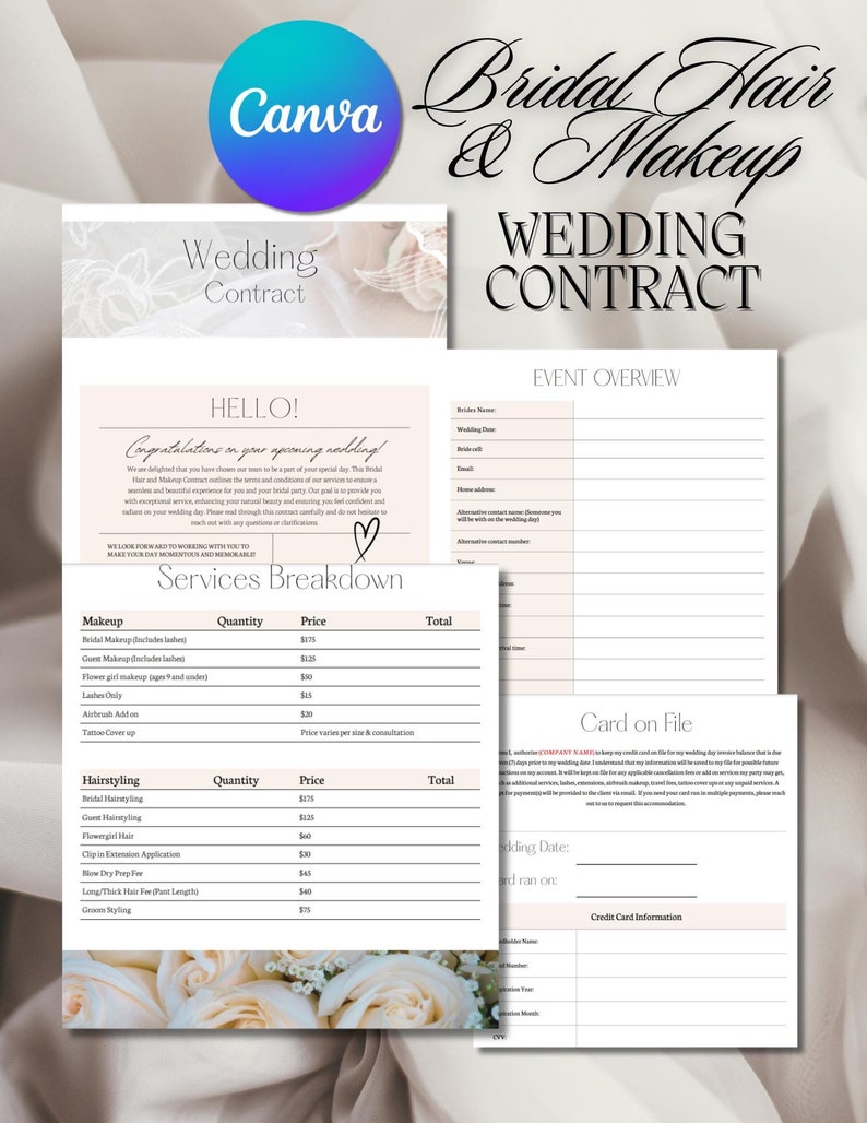 Bridal Hair and Makeup Service Agreement for Brides, Wedding Contract ...