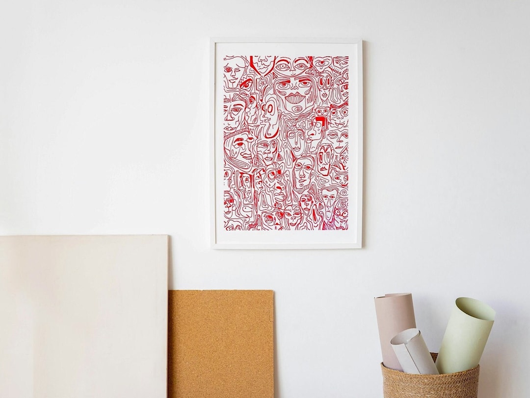 Red Face Line Drawing, Art Print, Faces, Unique Art, Digital Download ...