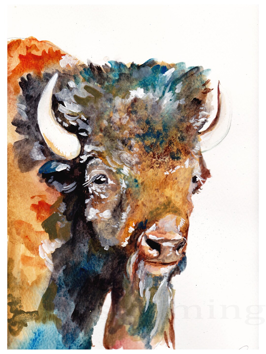 Bison Face, Bison Print, Bison Painting, Buffalo Painting, Watercolor ...