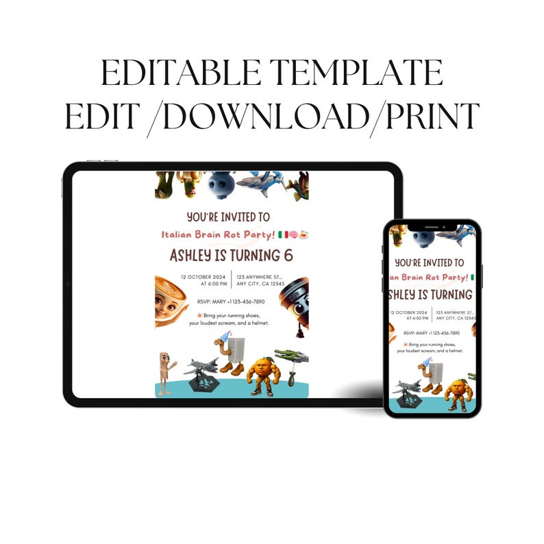 Italian Brain Rot Party Invitation Template | Girl or Boy Party Invite ...
