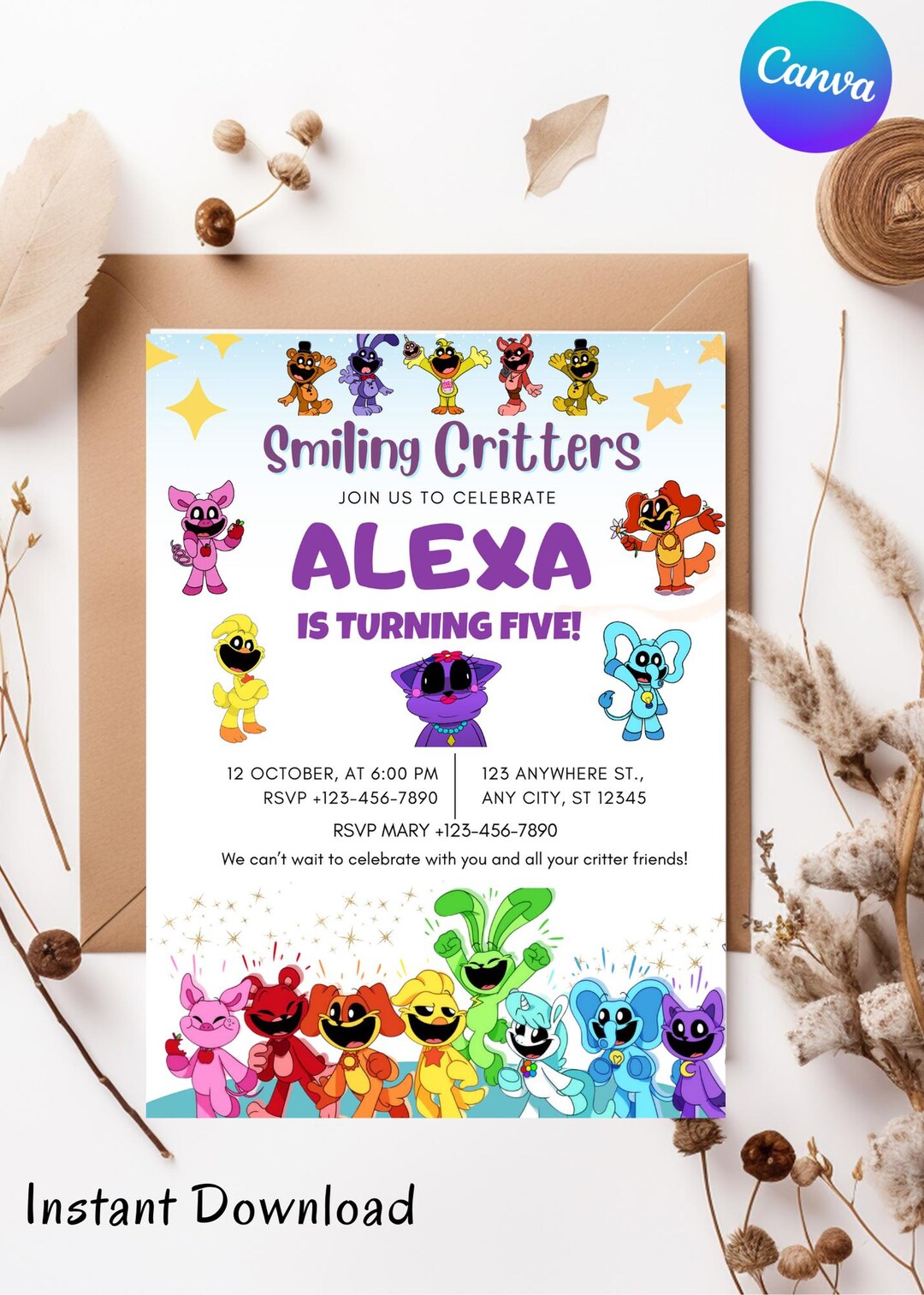 Smiling Critters Birthday Invitation Printable Editable Canva Invite ...