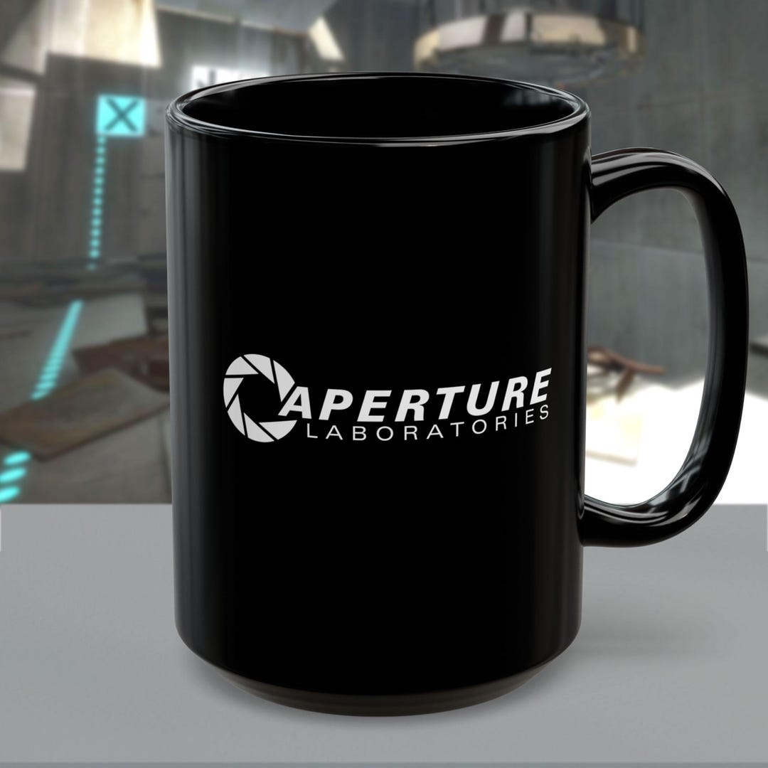 Aperture Labs Portal Black Mug - Ceramic Gamer Science Fake Company ...