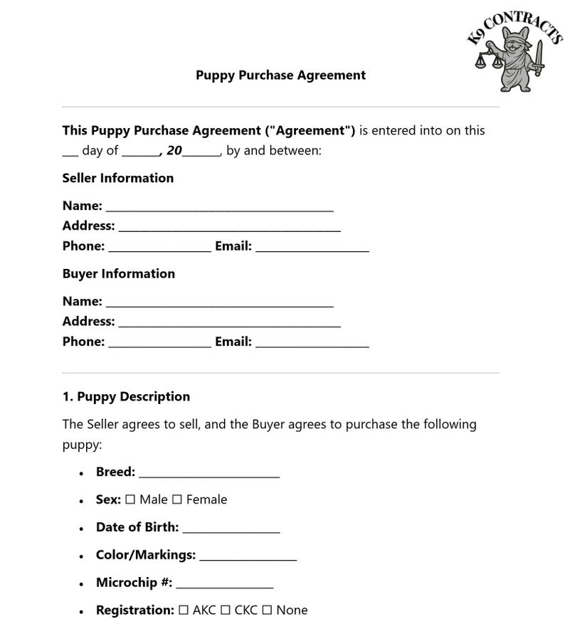 Puppy Purchase Agreement Template | Editable Dog Sale Contract ...