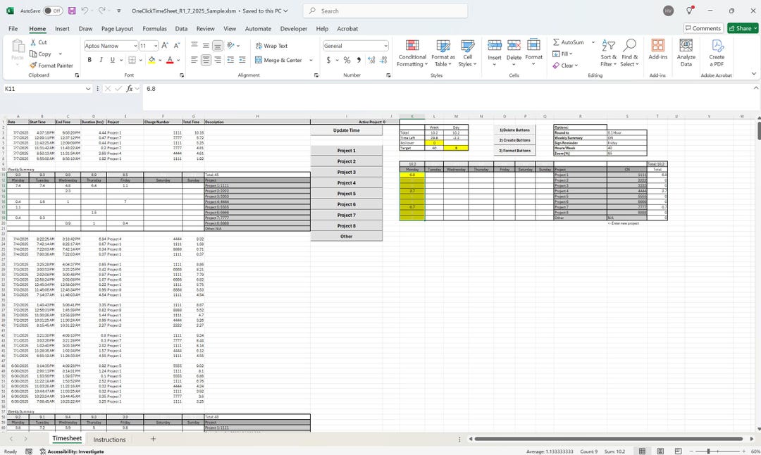 Excel Timesheet With Start/stop Buttons: Automated Time Tracking - Etsy