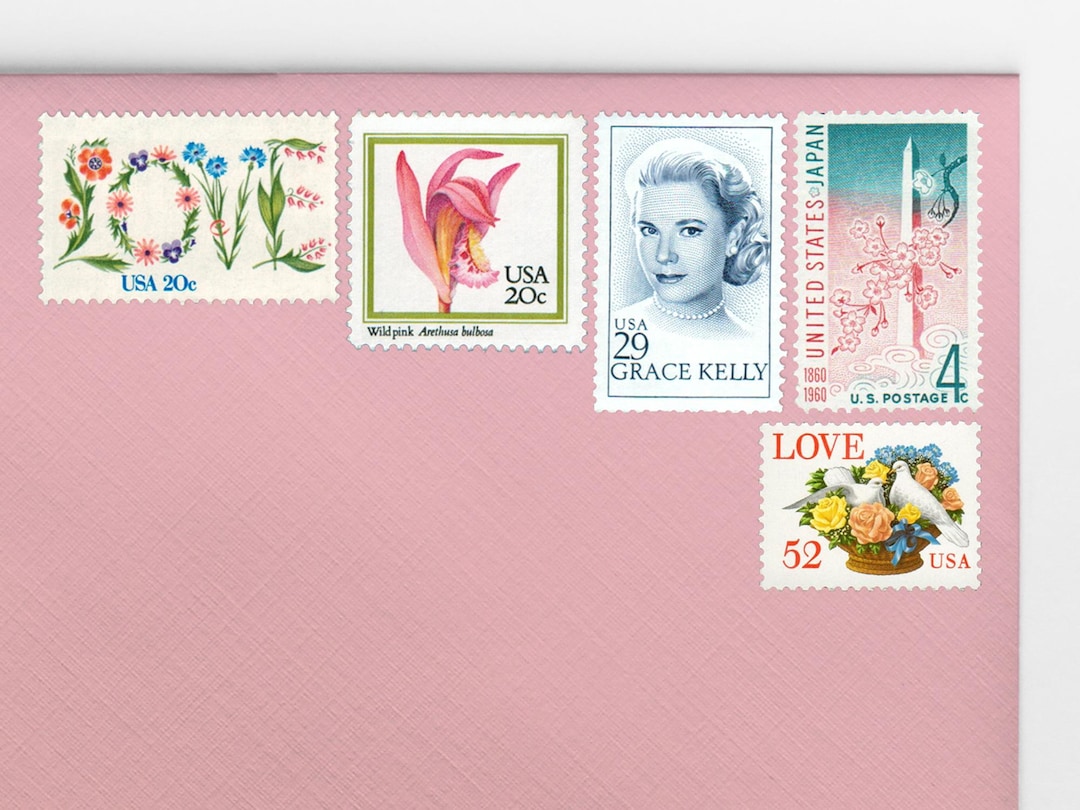 Blush Pink Vintage Postage Stamps: Grace Kelly, Orchids, Love (5 Sets ...