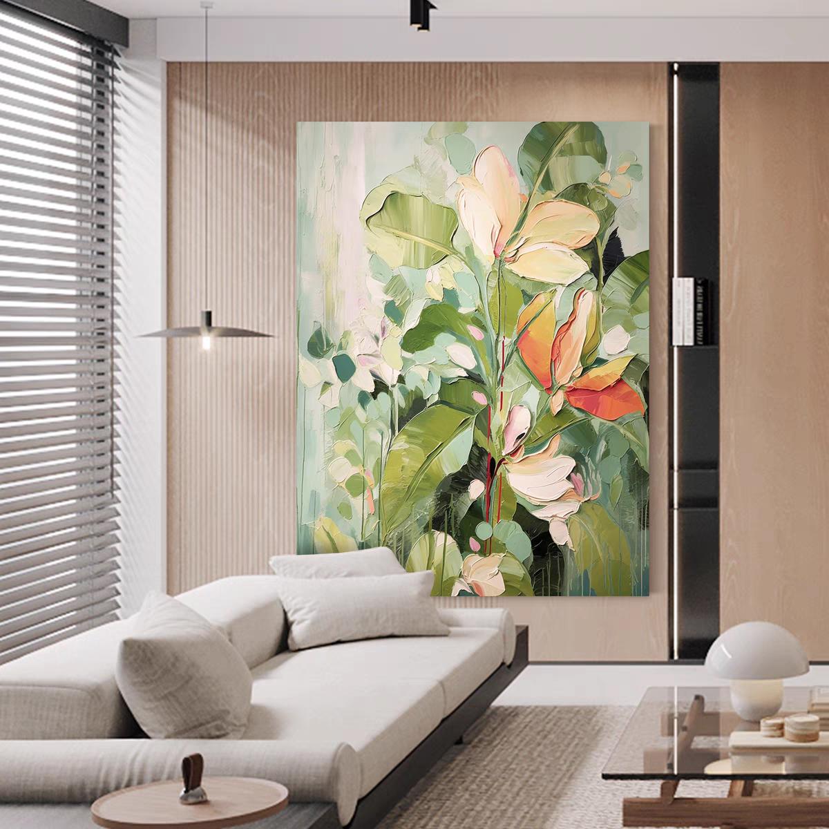 Original Abstract Pink Flower Green Leaves Painting, 3D Textured Soft ...