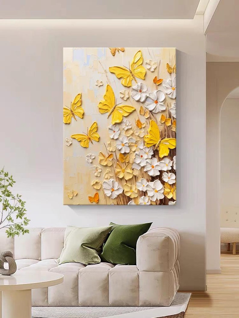 3D Original Yellow Butterfly Painting, Large Abstract Floral Textured ...