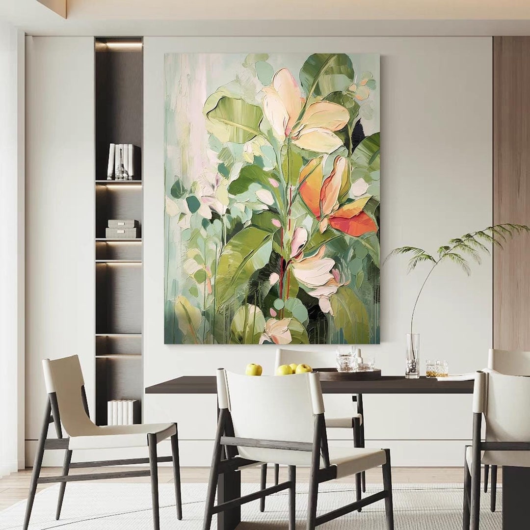 Original Abstract Pink Flower Green Leaves Painting, 3D Textured Soft ...