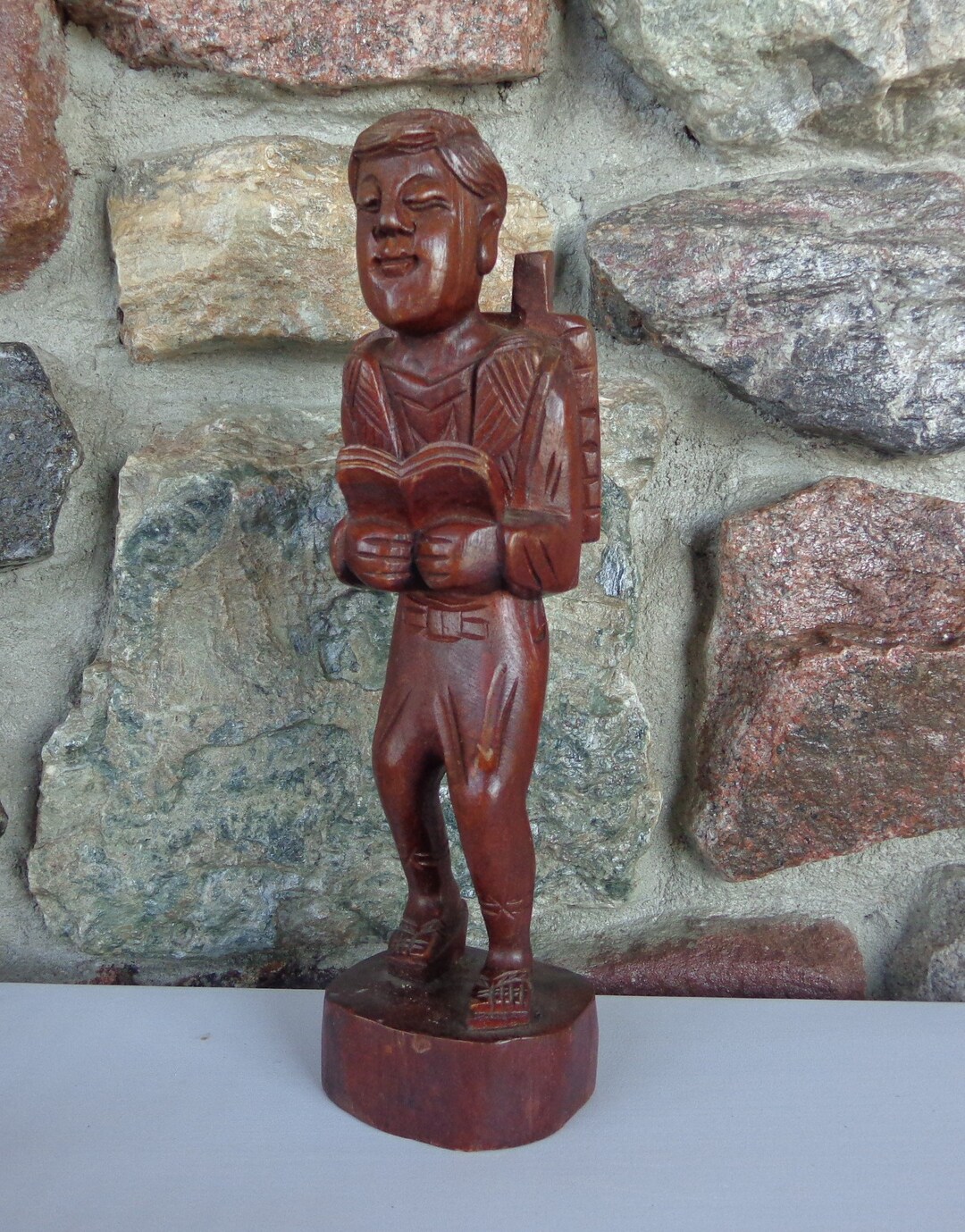 Vintage Wood Carved Statue Man Reading Book Walking W/backpack 12" Tall ...