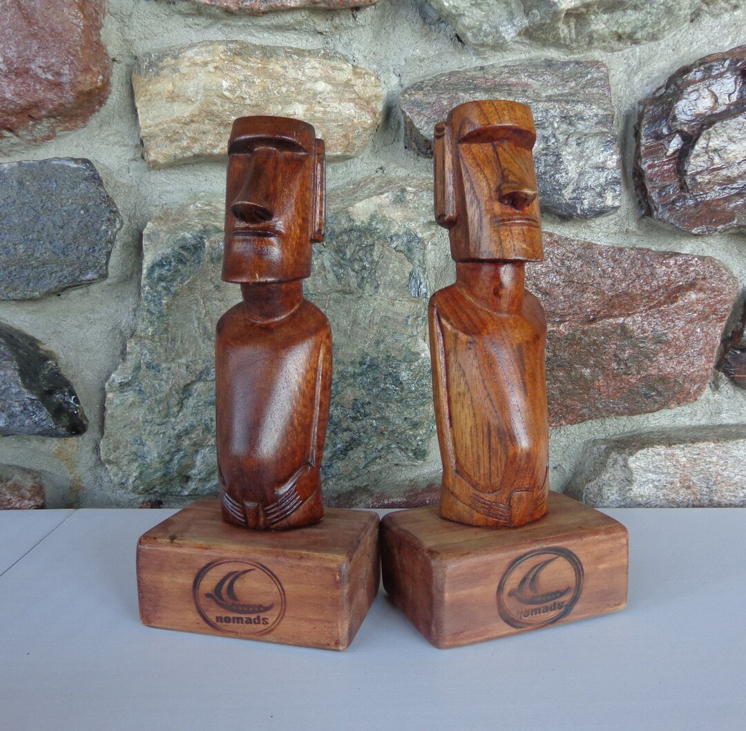 Vintage Lot of 2 Wood Carved Moai Statues Easter Island Bookends Nomads ...