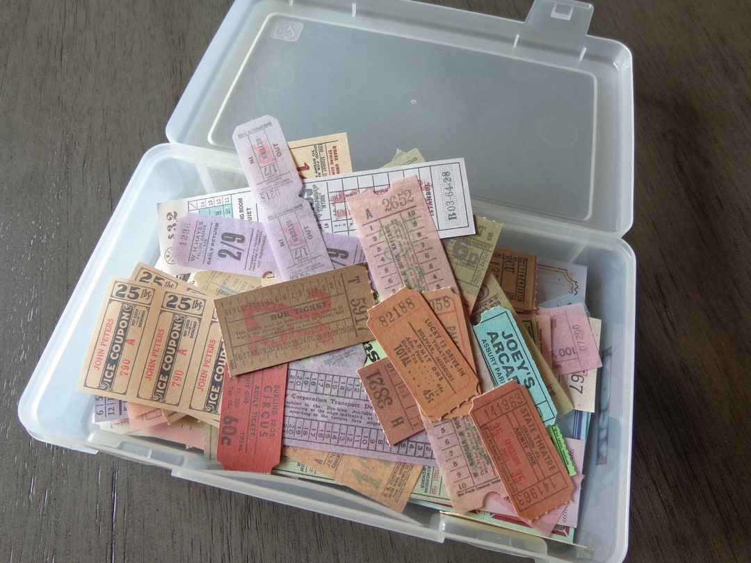 Lot of Paper Tickets in Plastic Container for Scrapbooking Journaling ...