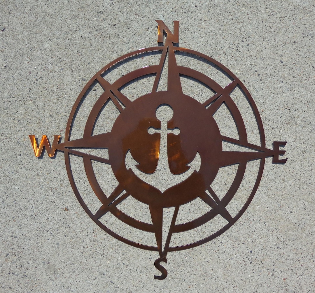 Compass W/anchor Sign Plasma Cut Metal Wall Art 20" Diameter Copper ...
