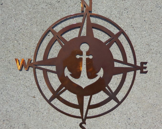 Compass W/anchor Sign Plasma Cut Metal Wall Art 20" Diameter Copper ...