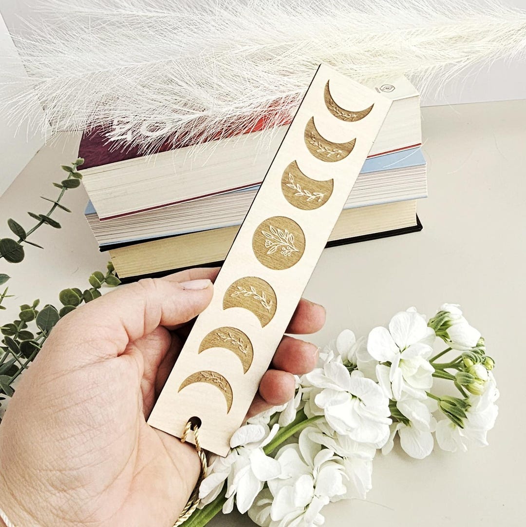Wooden Bookmark Celestial Floral Moon Phase - Personalised Engraved ...