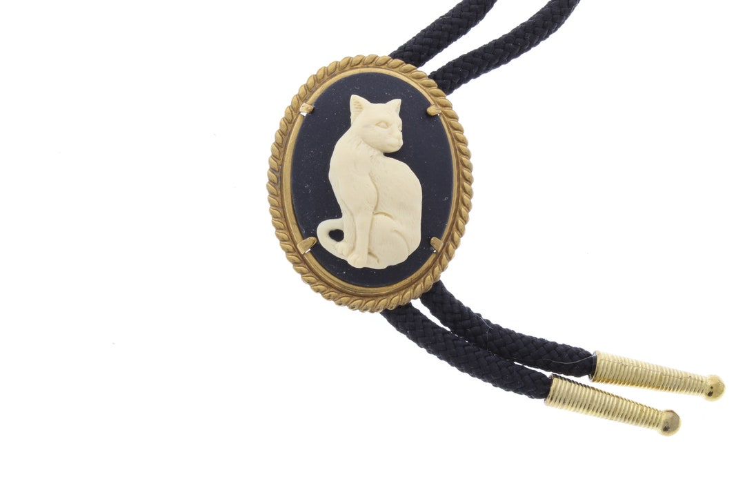 White Cat Cameo Cat Bolo Tie With Matching Tips, Antique Silver, 36 ...