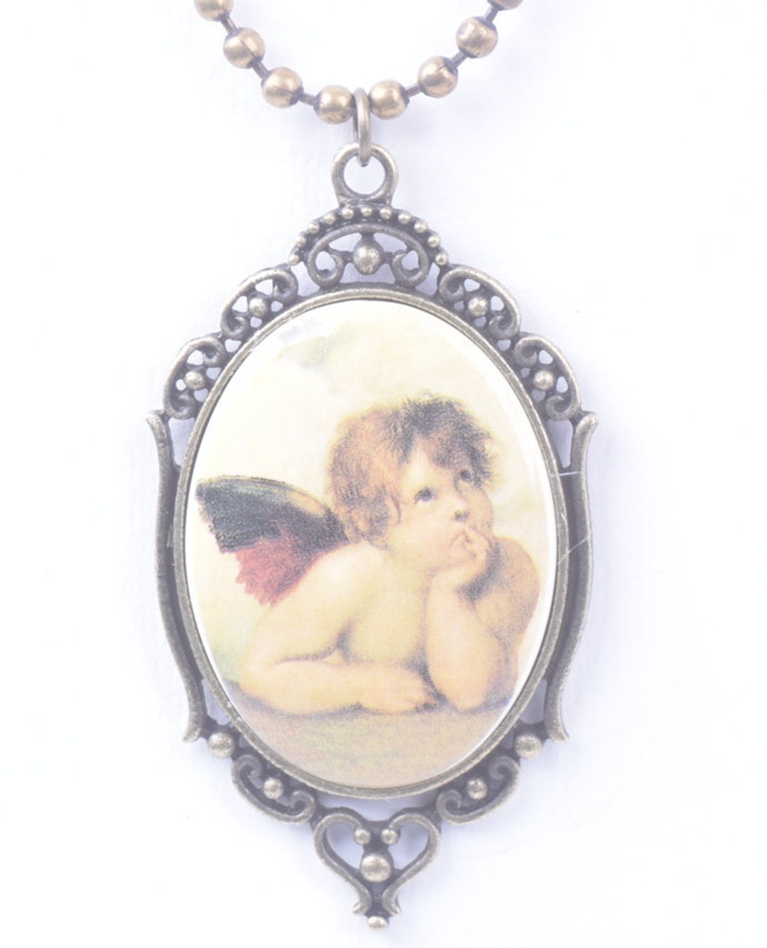 40mm Rafael Angel Cameo Necklace, Vintage Litho Cabochon, Filigree ...
