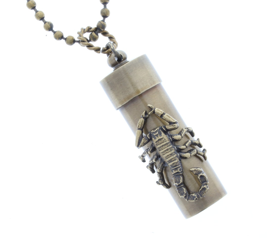 Scorpion Brass Canister Pill Box Pendant Necklace, 2"l, Twist off Cap ...