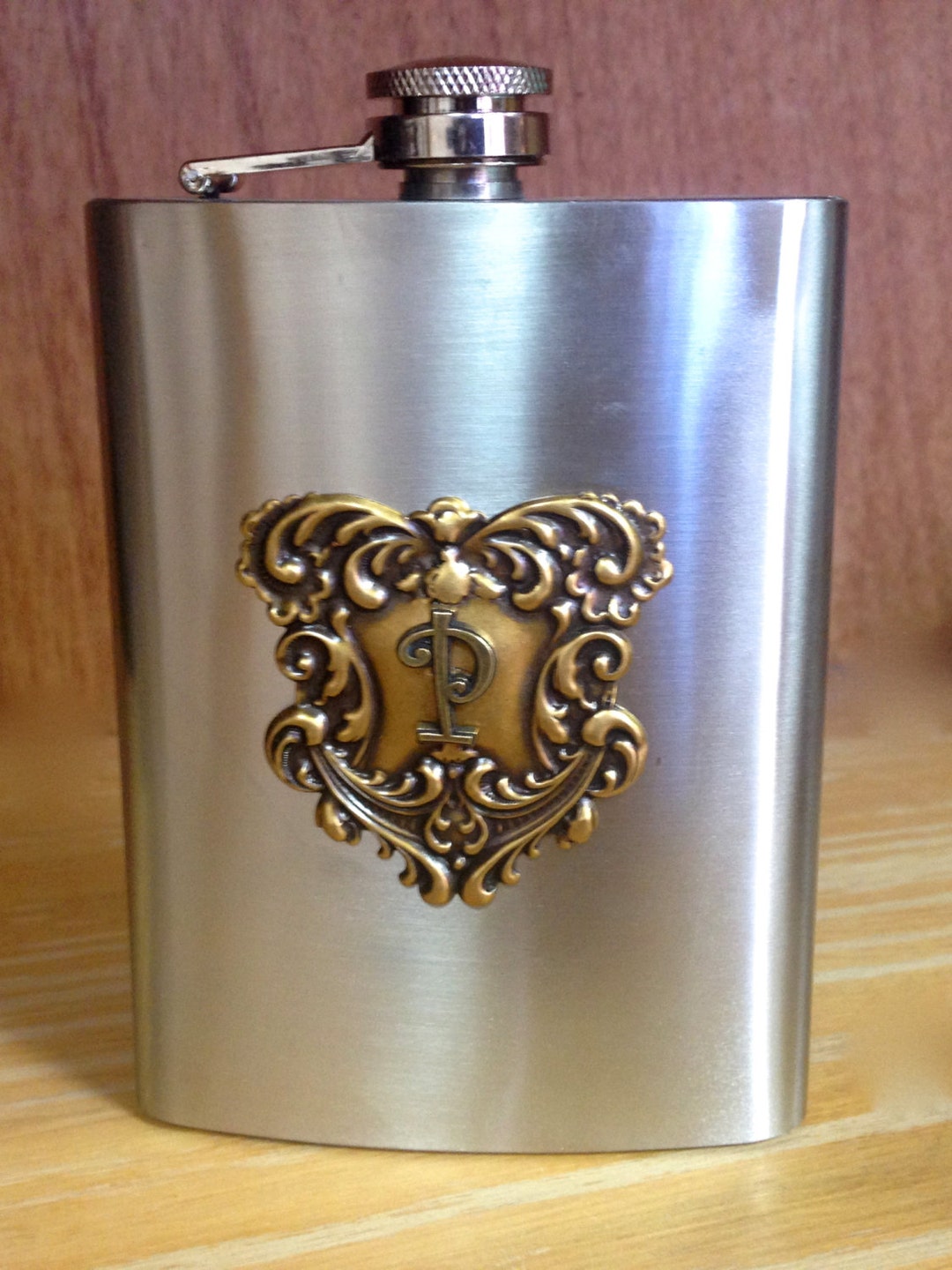 Personalized Silver Hip Flask With Initial or Monogram, Vintage Gold ...