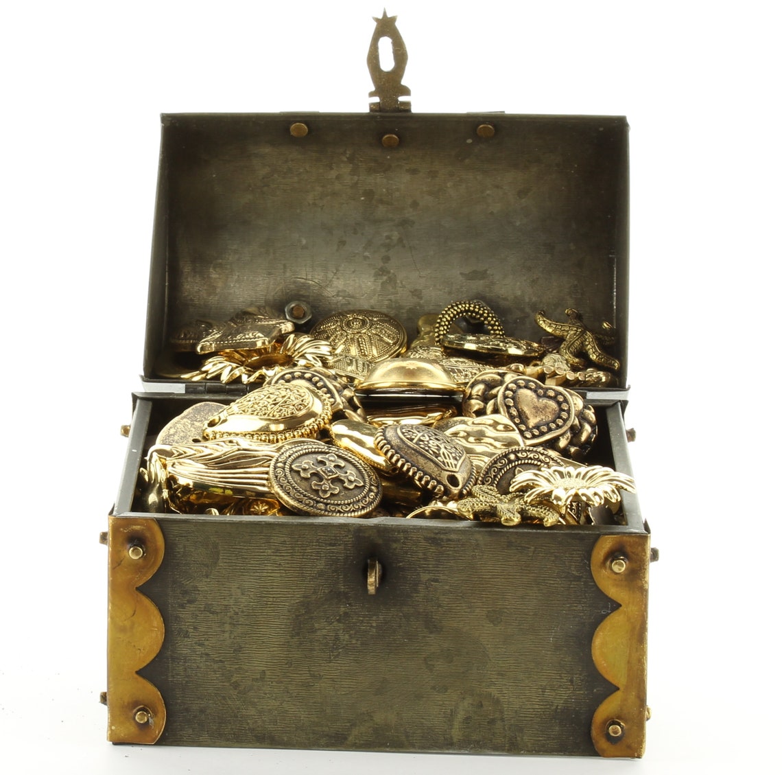 Metal Treasure Chest of Jewelry Components, Vintage Jewelry Gold Plated ...