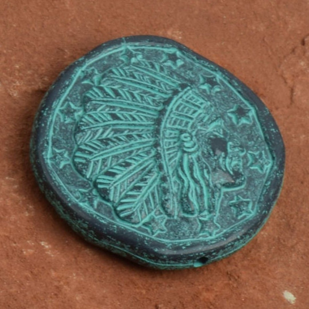 Native American Indian Chief Coin Bead, 29mm X 8mm, Turquoise Patina or ...