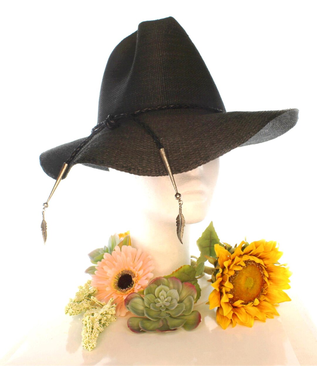 Black Braided Leather Hat Band With Silver Feather Tips, Each - Etsy