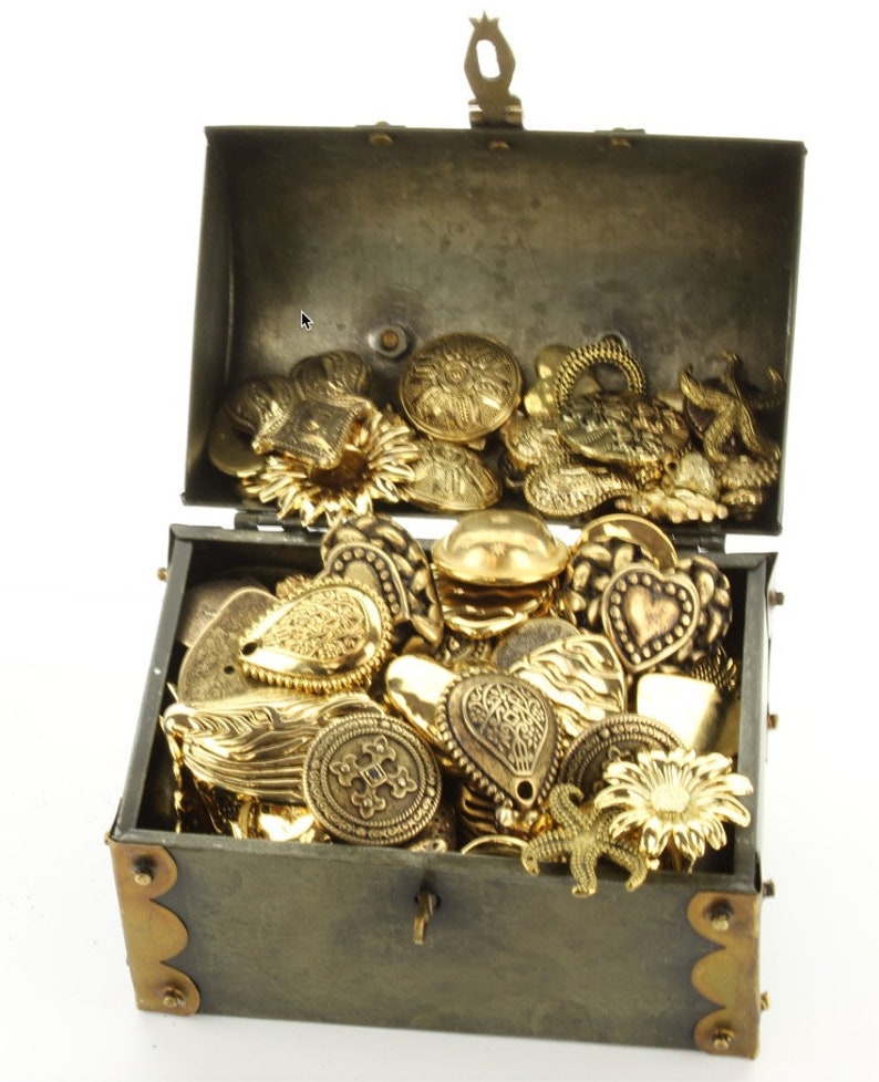 Metal Treasure Chest of Jewelry Components, Vintage Jewelry Gold Plated ...