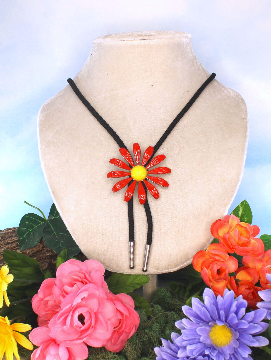 60mm Red Enamel Daisy Bolo Tie, Yellow or Amber Center, Made in USA ...