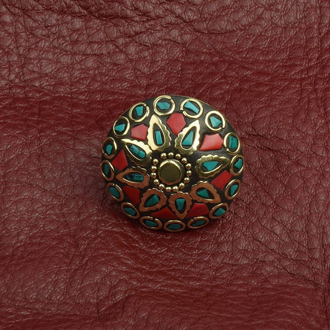 Turquoise Red Mosaic Inlay Ring, Antique Gold Brass Setting, 35mm, One ...