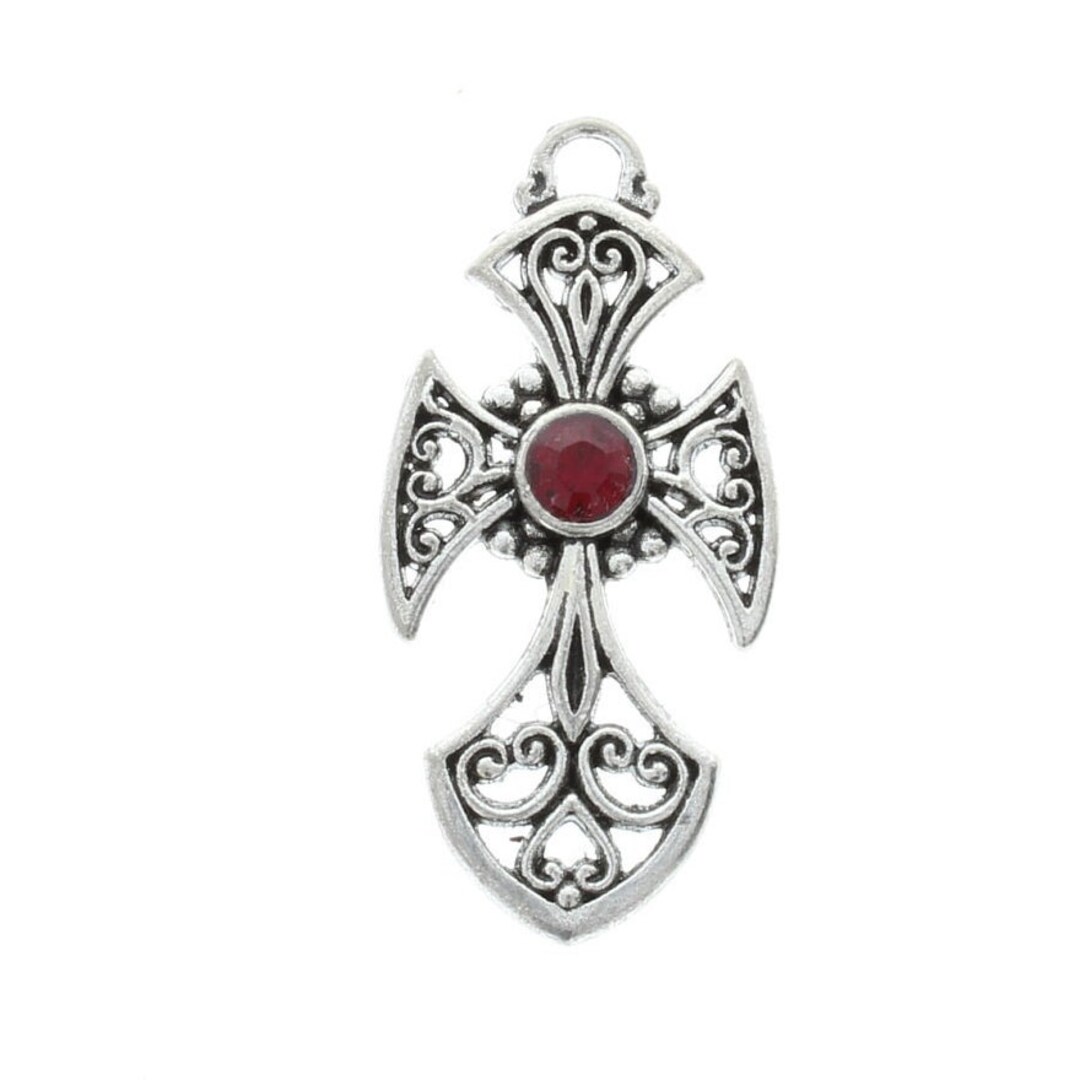 Filigree Silver Cross Pendant, 36mm X 20mm Double-sided Cross With Red ...