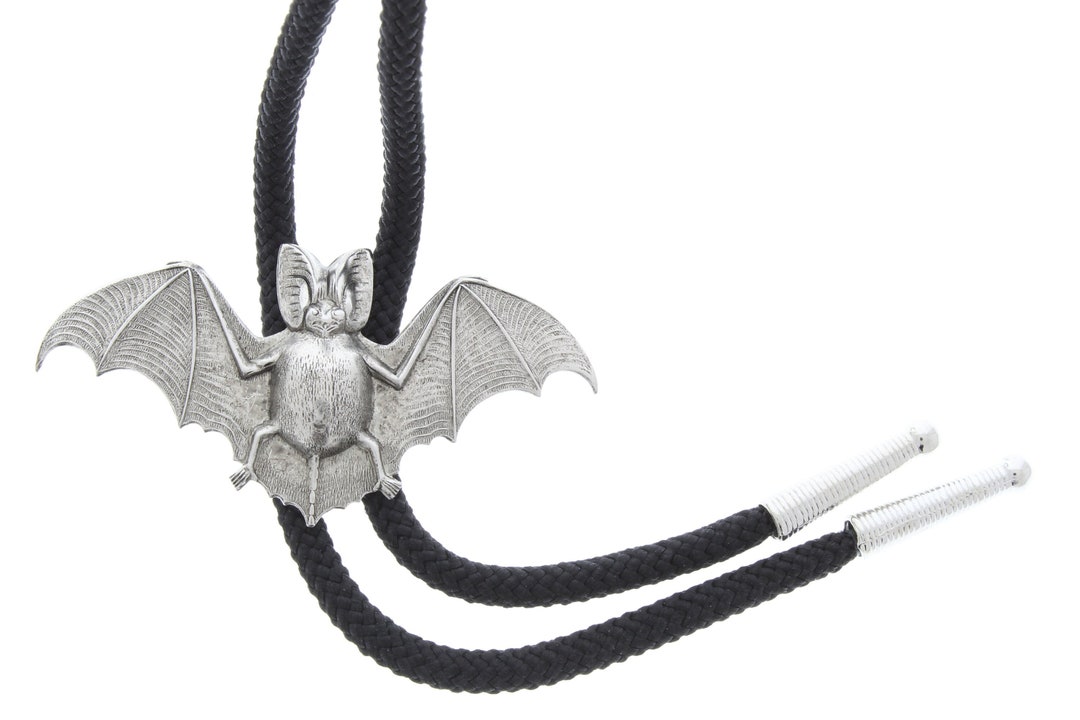 Bat Bolo Tie, Antique Silver Bolo Lariat on Black , 36" Cord, Made in ...