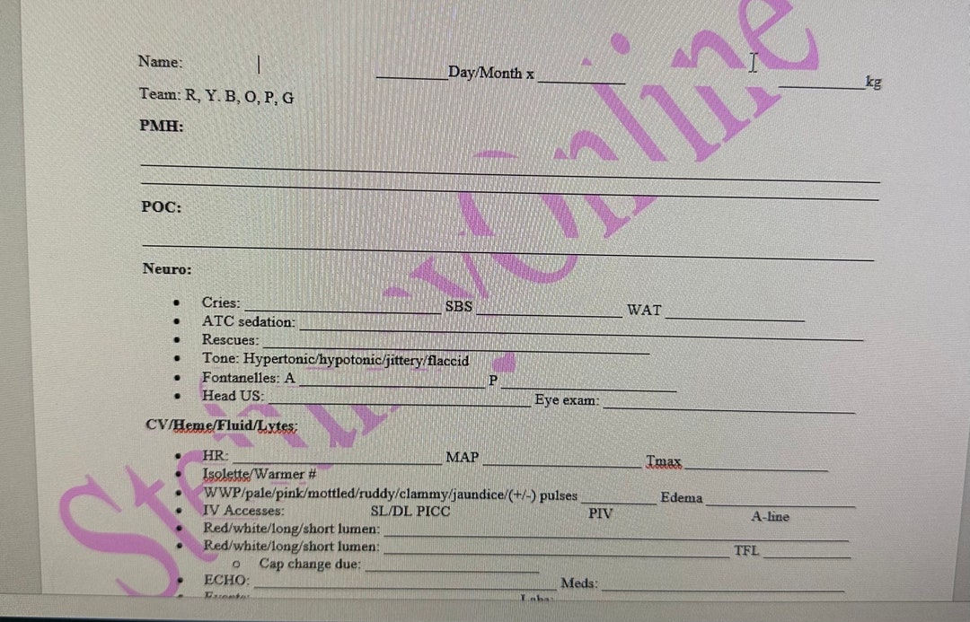 Neonatal ICU Report Sheet Based on CHOP Nursing Report - Etsy