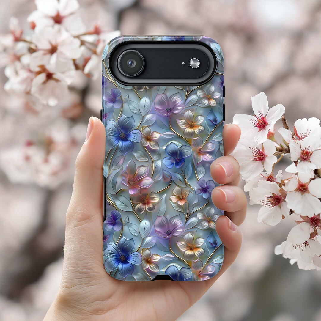 Pastel Blue Floral Phone Case, 3D Iridescent Aesthetic Cover for iPhone ...