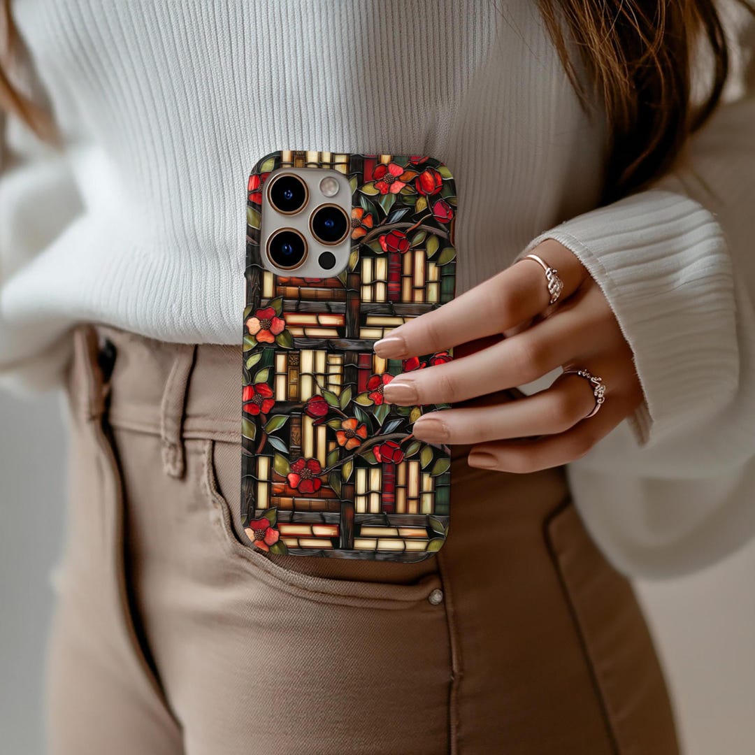 Library Stained Glass Phone Case Bookshelf Phone Case for iPhone 16 15 ...