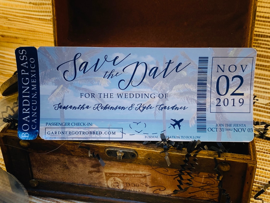 Beach Boarding Pass Save the Date. Tropical Beach Wedding Invitation ...