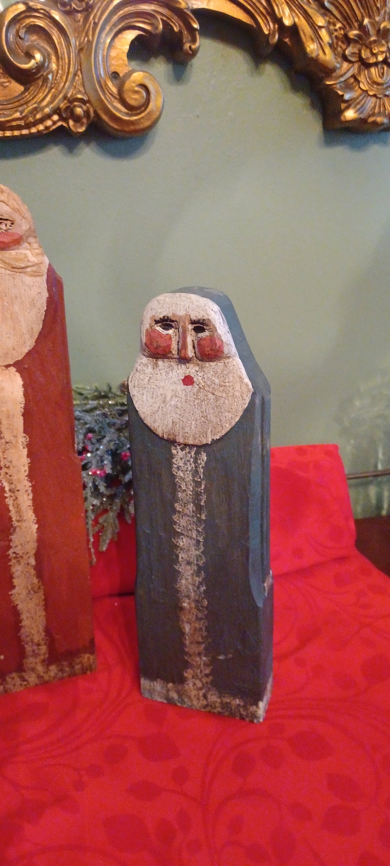 Hand Carved Vintage Wooden Santa Folka Art Set of Three Green - Etsy