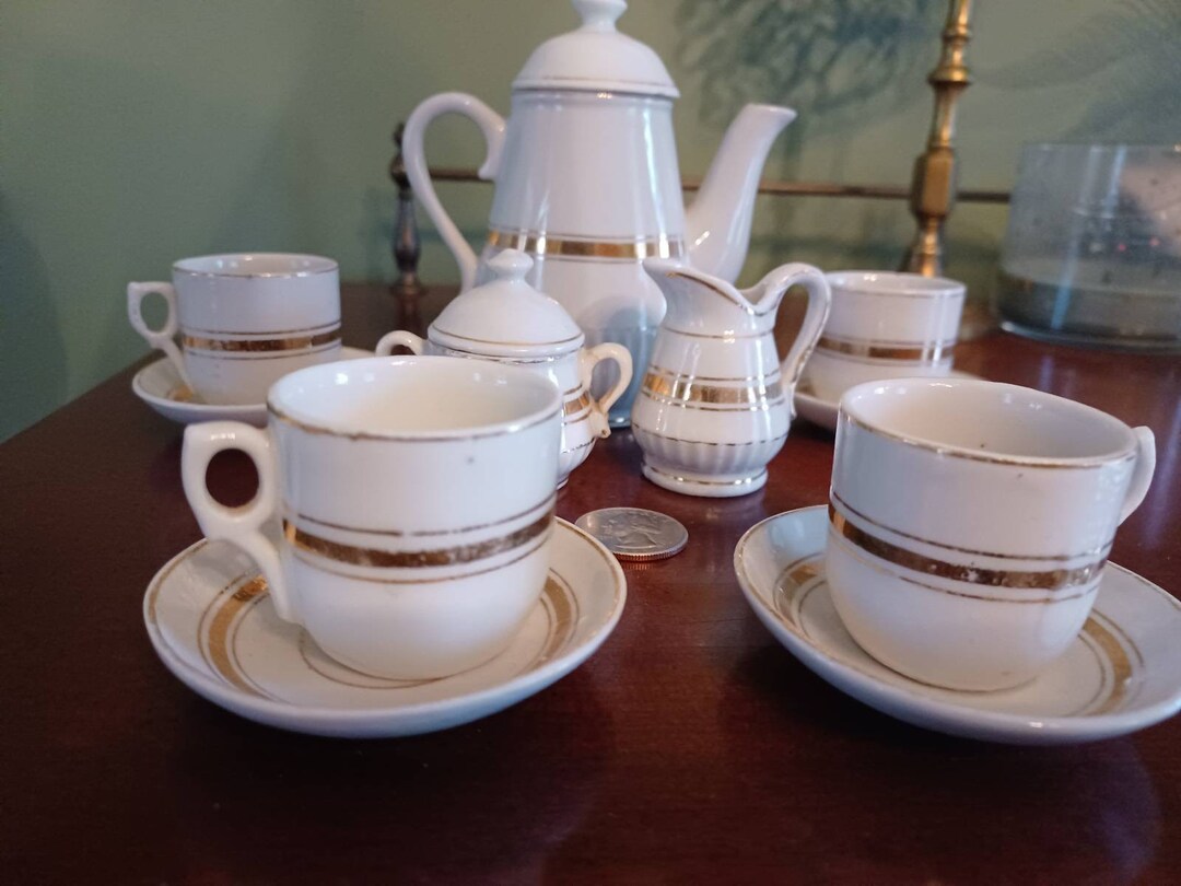 Vintage Tea Set Miniatures White Porcelain Gold Accent Stripes Child ...