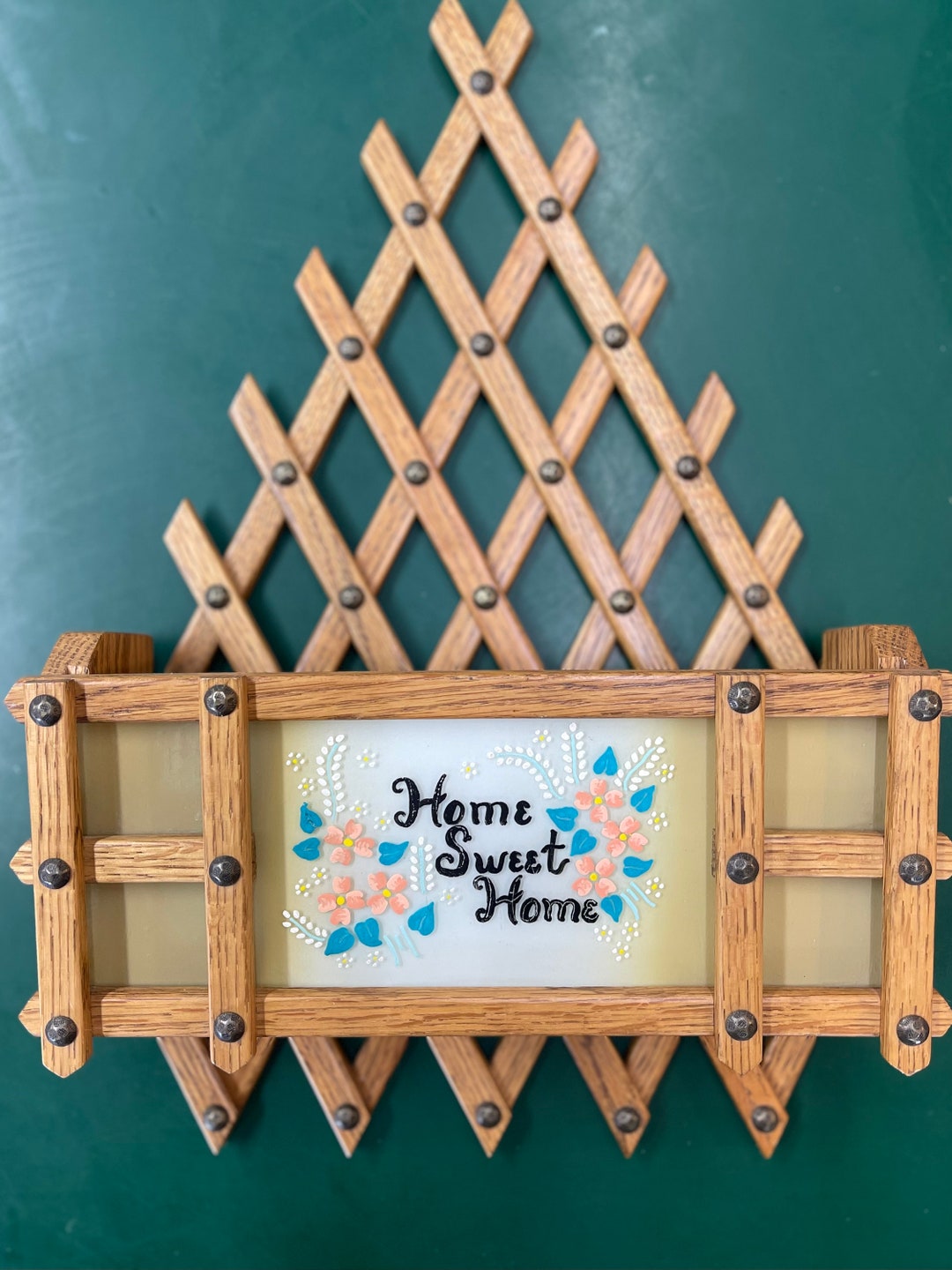 Vintage Wall Letter Holder Pocket Oak Home Sweet Home Glass Front ...