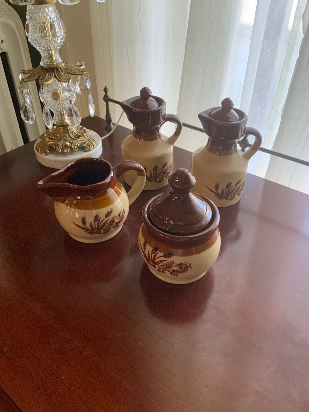 Vintage Wheat Pattern Pottery Brown and Cream Vinegar Oil Cream Sugar ...