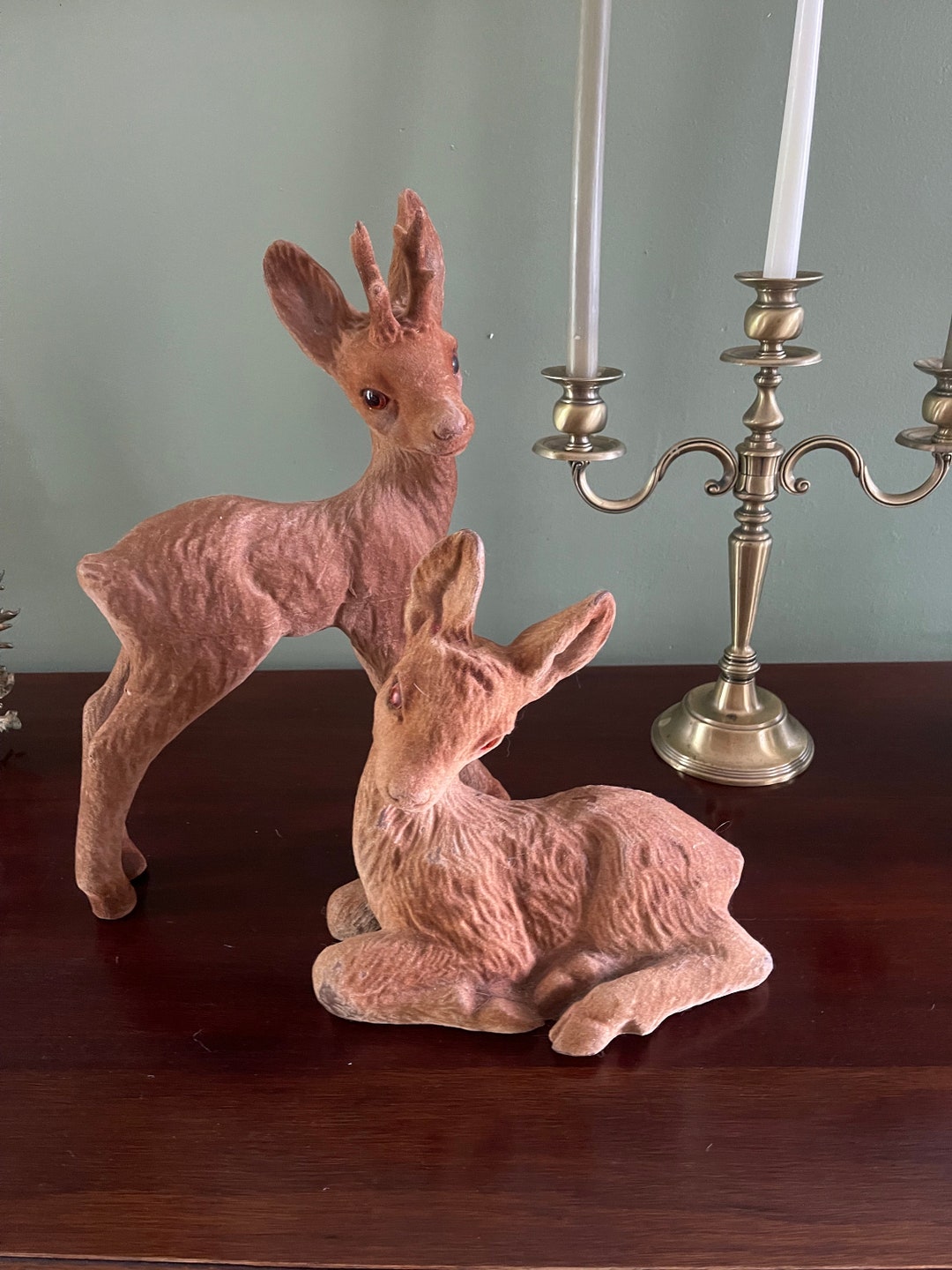 German Flocked Reindeer Figures Christmas Deer Standing Fawn Laying ...