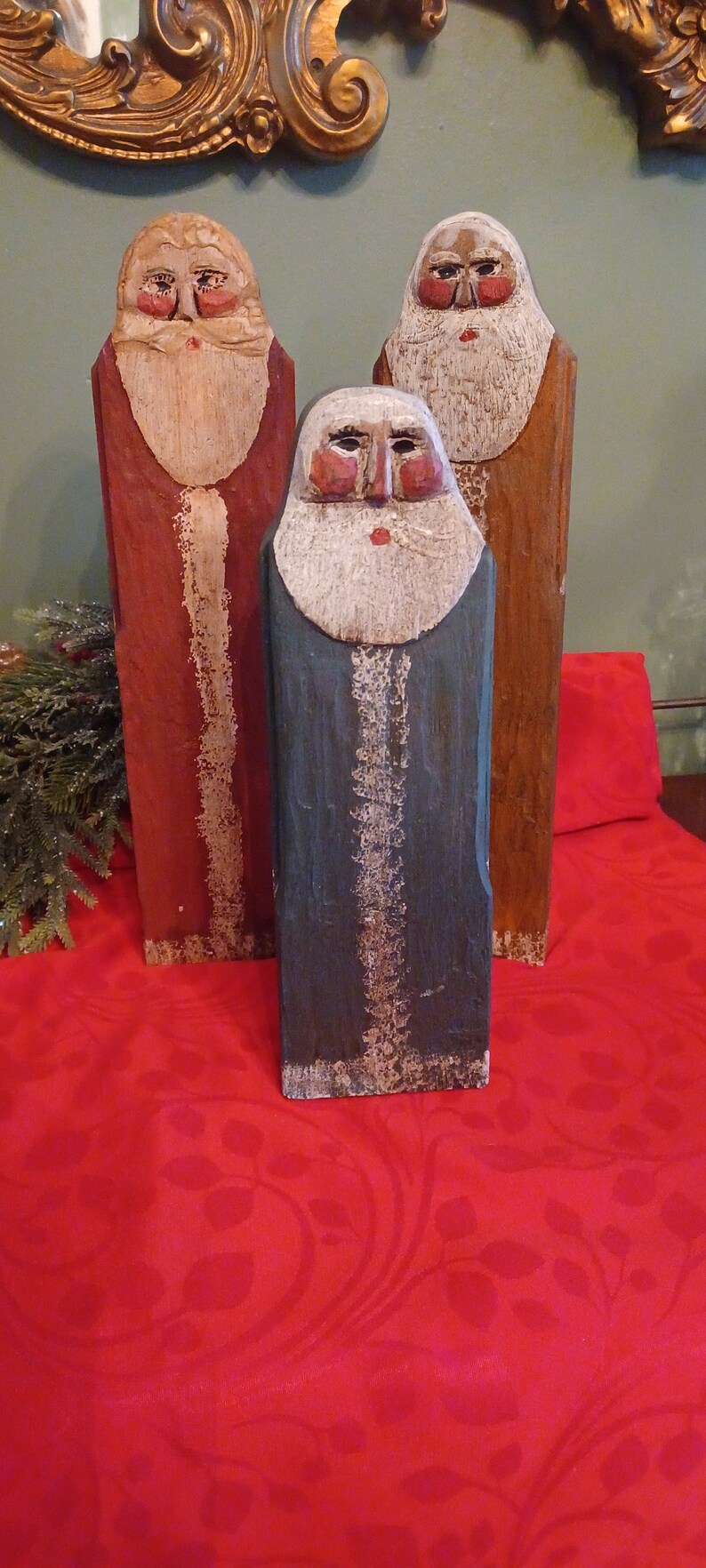 Hand Carved Vintage Wooden Santa Folka Art Set of Three Green - Etsy