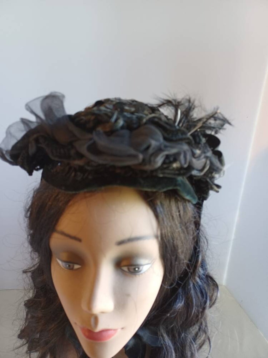 Mourning Widow Hat Beaded Black Velvet Antique 1800s Ladies Braided ...
