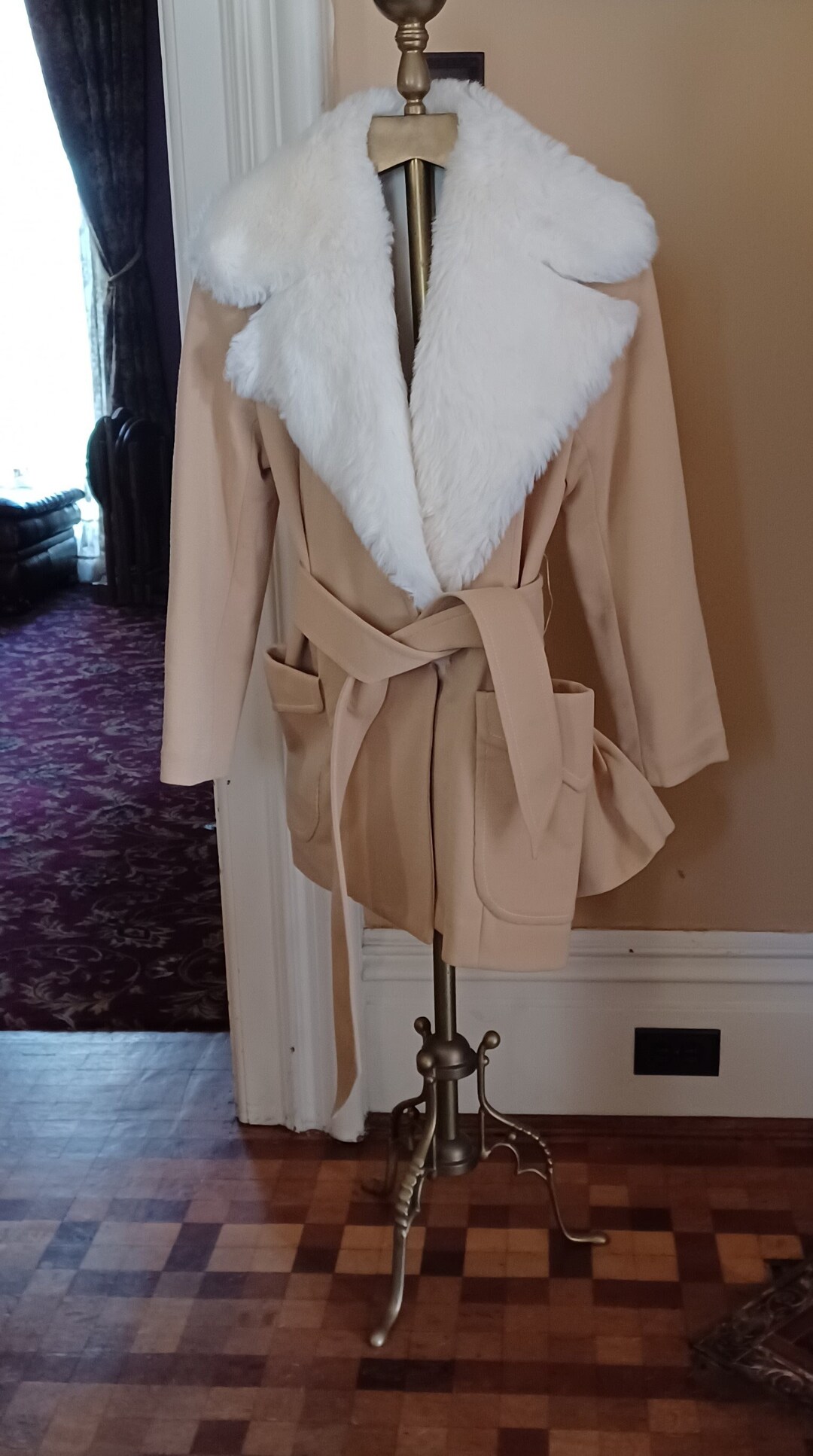 Pants Set Womens Vintage Size Small Medium 1960's Delores Wolff Original Tan Faux Fur Collar ...