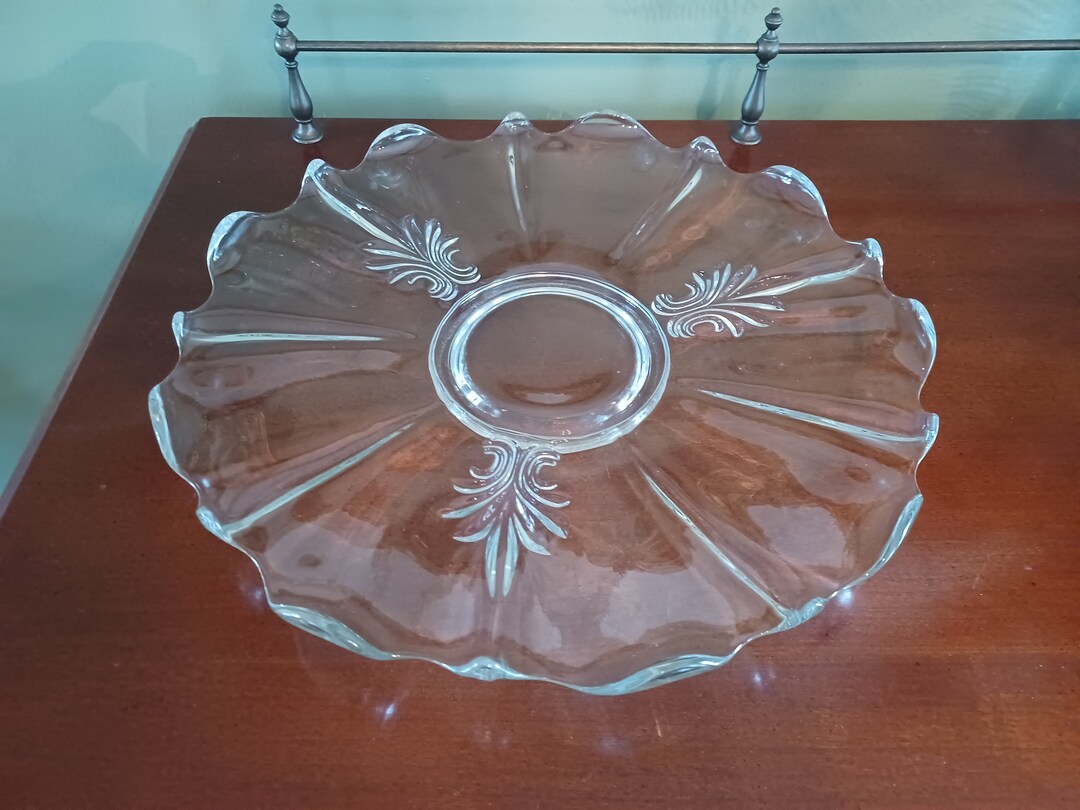 Antique Vintage Clear Glass Round Wavy Platter Cut Pattern Large Table ...