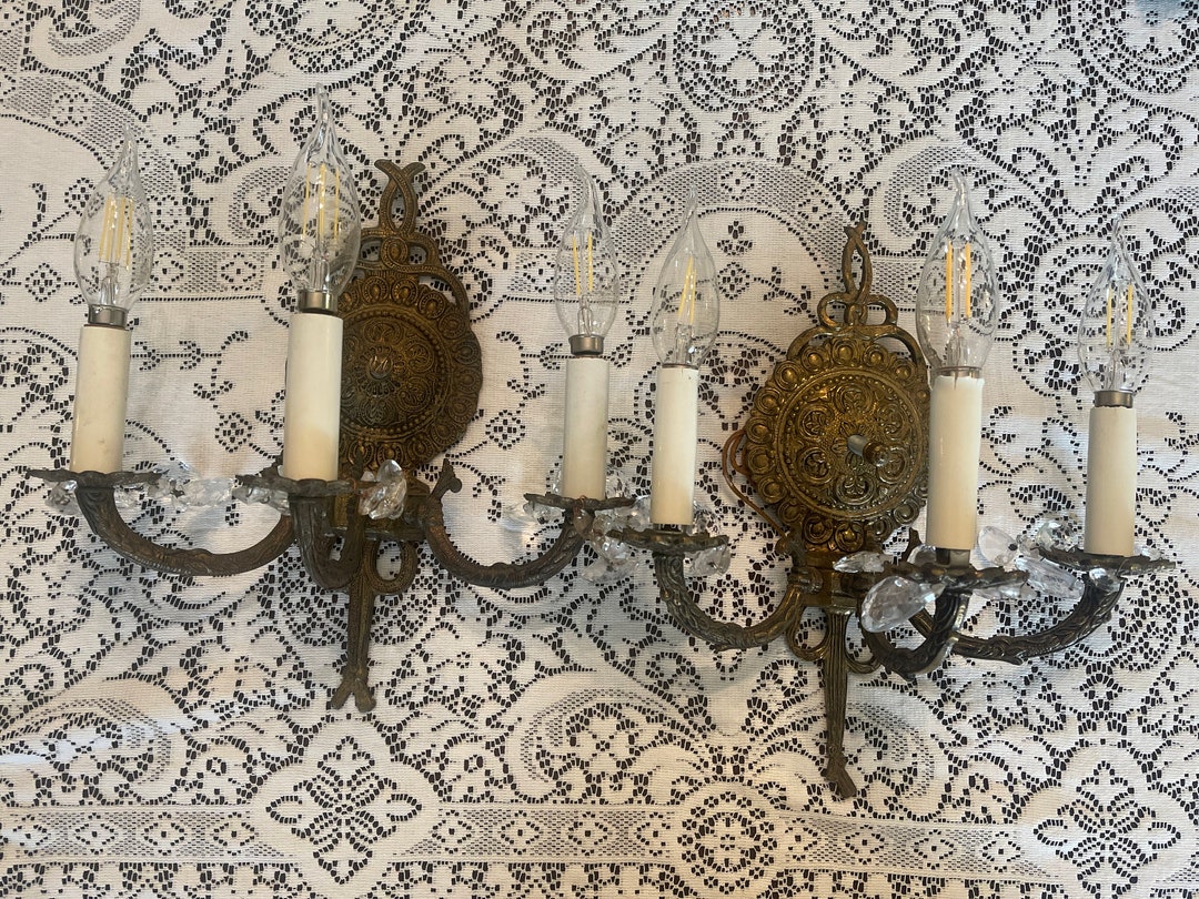Vintage Brass Electric Three Arm Wall Sconce Crystals Fancy Ornate ...